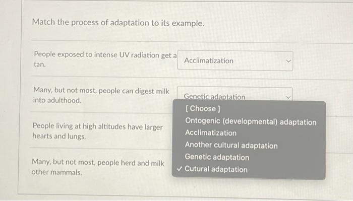 Solved Match the process of adaptation to its example. | Chegg.com