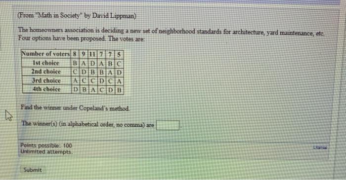 Solved (From "Math in Society" by David Lippman) The | Chegg.com