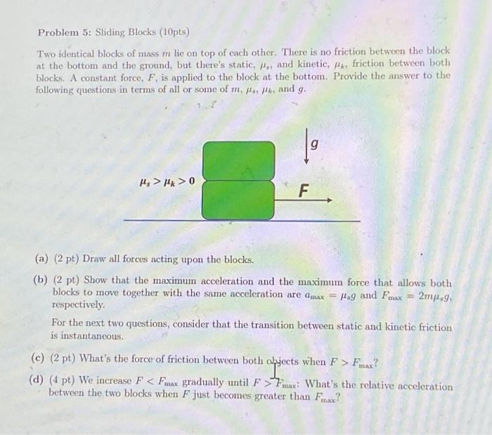 Solved Problem 5: Sliding Blocks (10pts) Two identical | Chegg.com