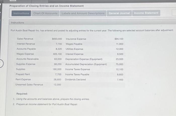 Solved Preparation of Closing Entries and an Income | Chegg.com