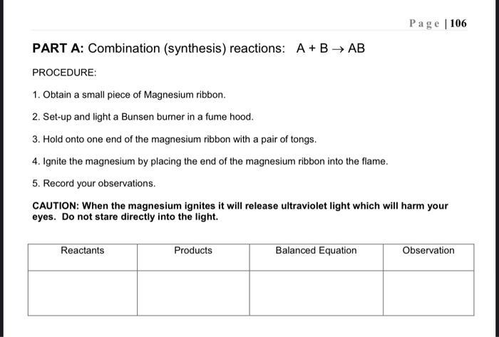 Solved PART A: Combination (synthesis) reactions: A+B→AB | Chegg.com
