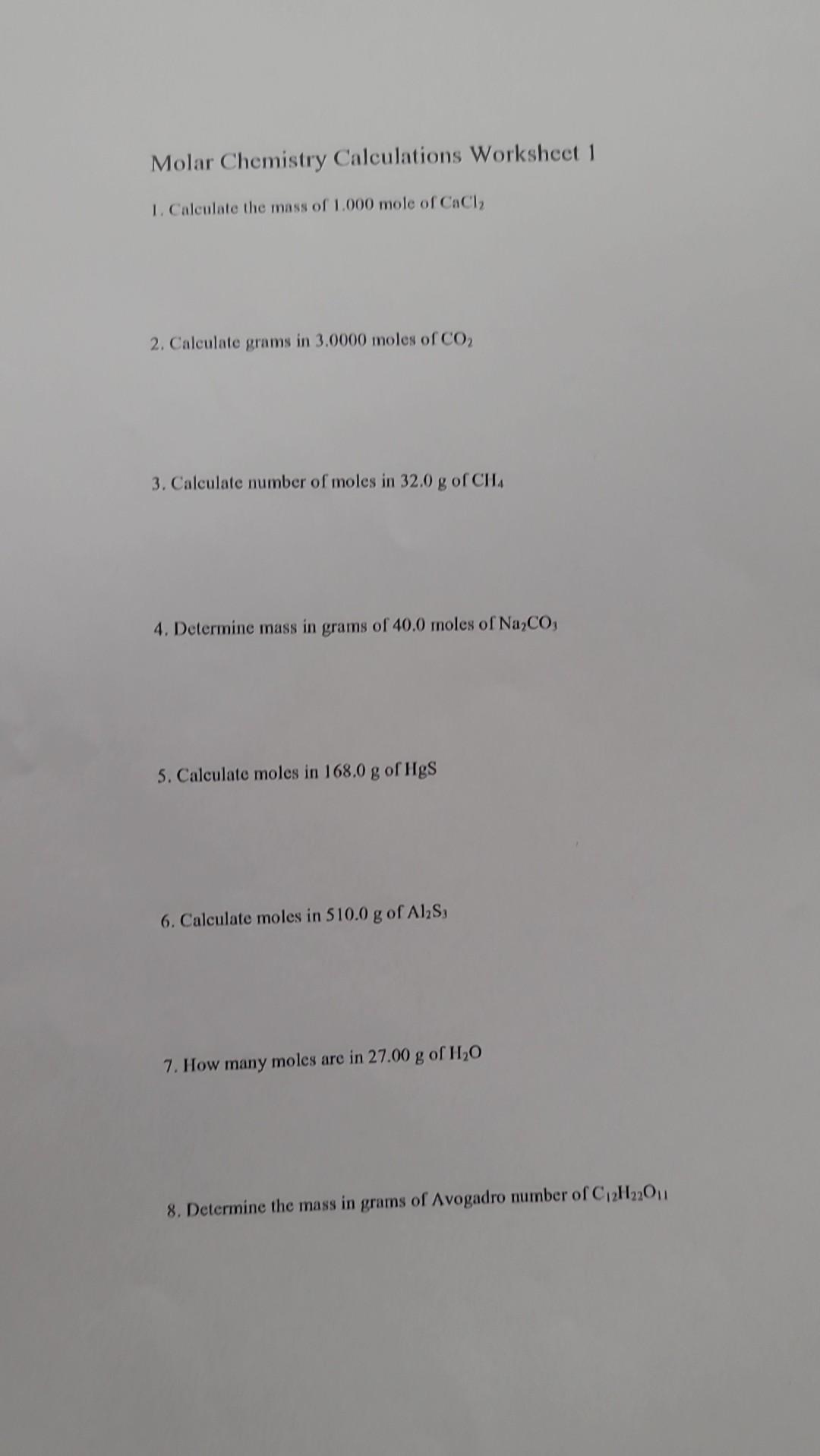 Solved Molar Chemistry Calculations Worksheet 1 1. Calculate | Chegg.com