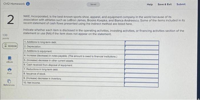 Solved Ch12 Homework Saved Help Save And Exit Submit 2 Nike