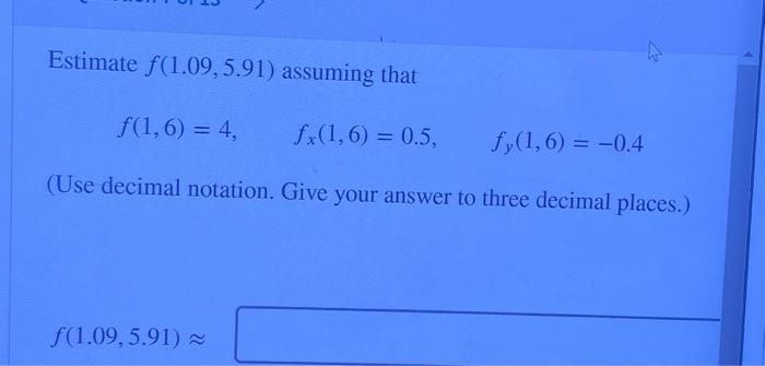 Solved Estimate f(1.09, 5.91) assuming that ƒ(1,6) = 4, | Chegg.com