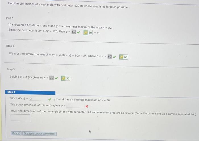 Solved Find the dimensions of a rectangle with perimeter 120 | Chegg.com