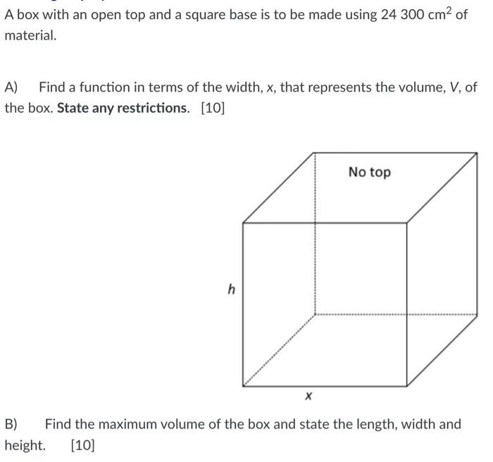 Solved A box with an open top and a square base is to be | Chegg.com