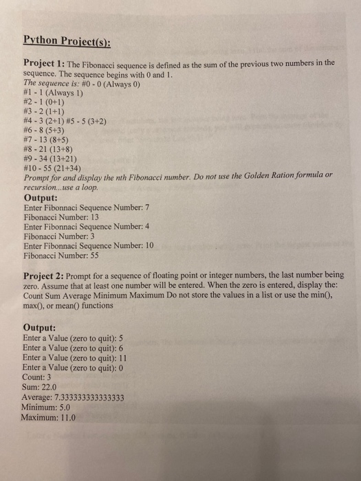 Solved Python Project(s); Project 1: The Fibonacci sequence | Chegg.com