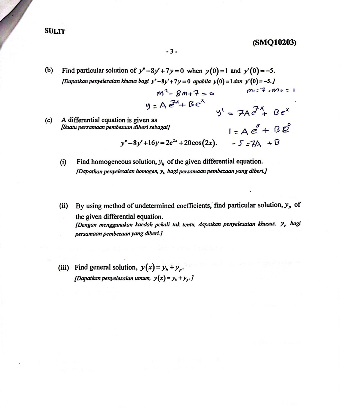 Solved Sulit Smq10203 3 B ﻿find Particular Solution Of