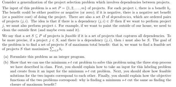 Consider a generalization of the project selection | Chegg.com