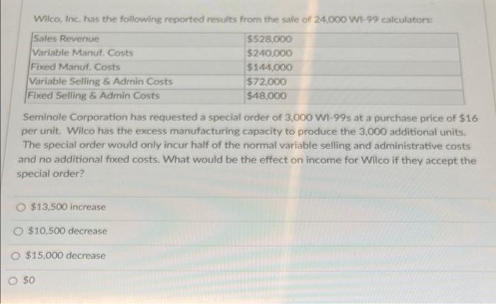 Solved Wilco, inc. has the following reported results from | Chegg.com