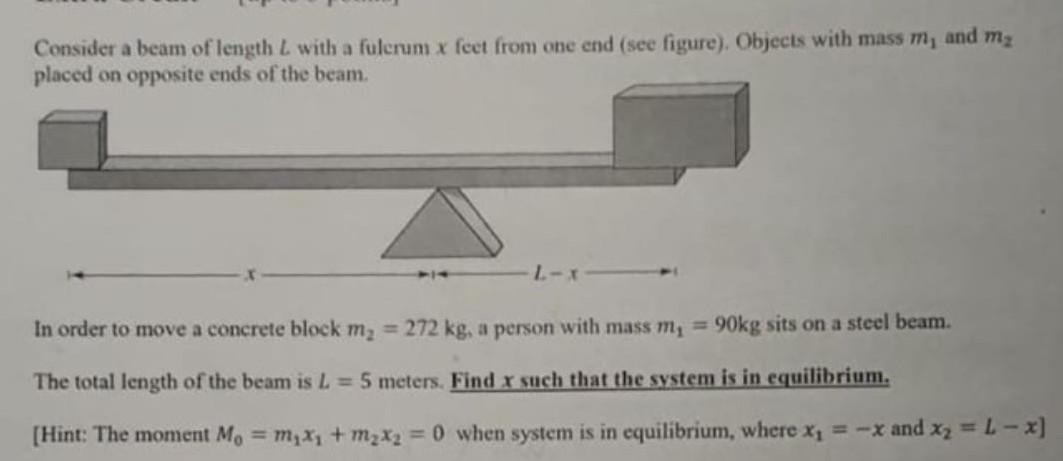Solved Consider a beam of length L with a fulerum x feet | Chegg.com