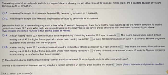 Solved The reading speed of second grade students in a large | Chegg.com