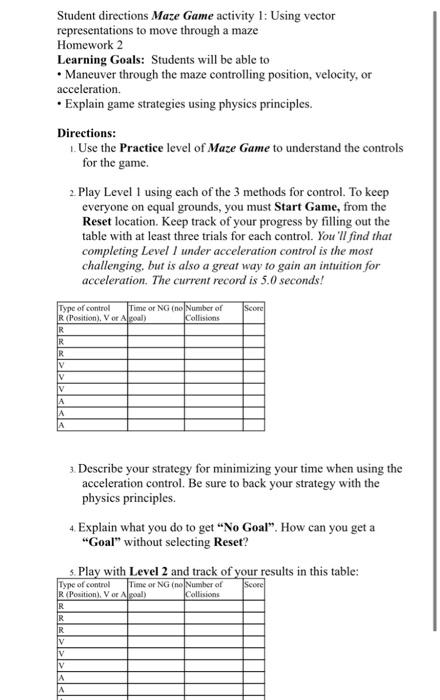 Student directions Maze Game activity 1: Using vector | Chegg.com