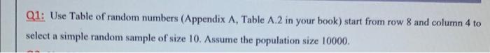 Solved Q1: Use Table of random numbers (Appendix A, Table A. | Chegg.com