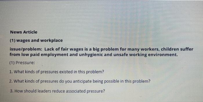 Solved News Article (1) wages and workplace issue/problem: | Chegg.com