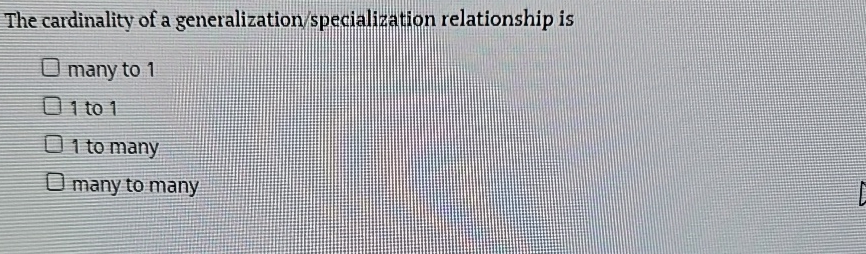 Solved The cardinality of a generalization/specialization | Chegg.com