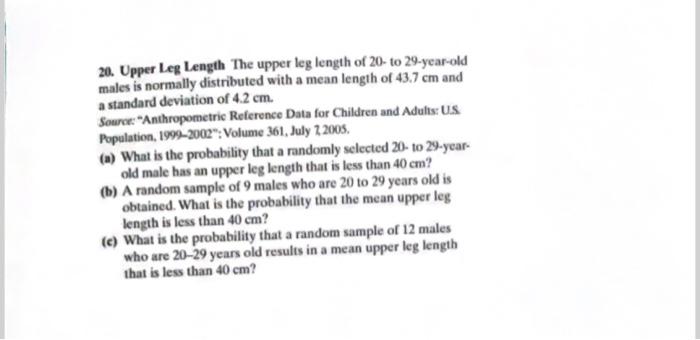 Solved 20. Upper Leg Length The upper leg length of 20- to | Chegg.com