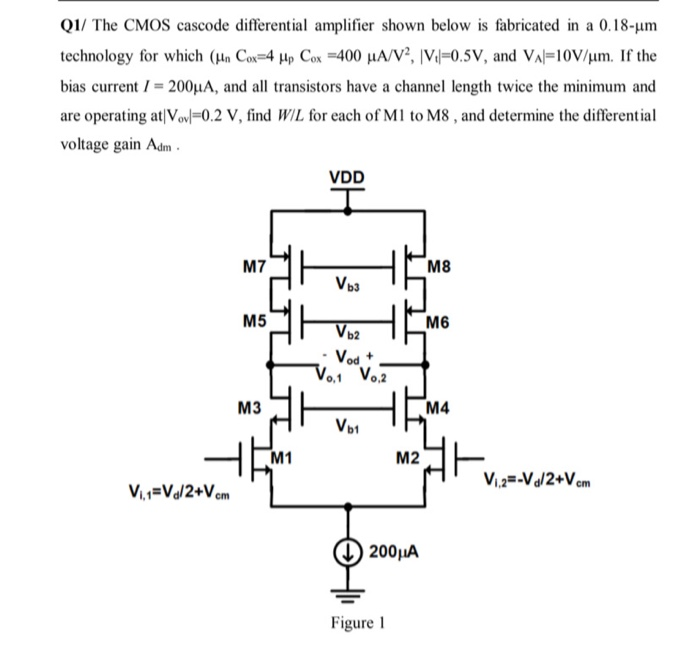 Q1/ The CMOS cascode differential amplifier shown | Chegg.com