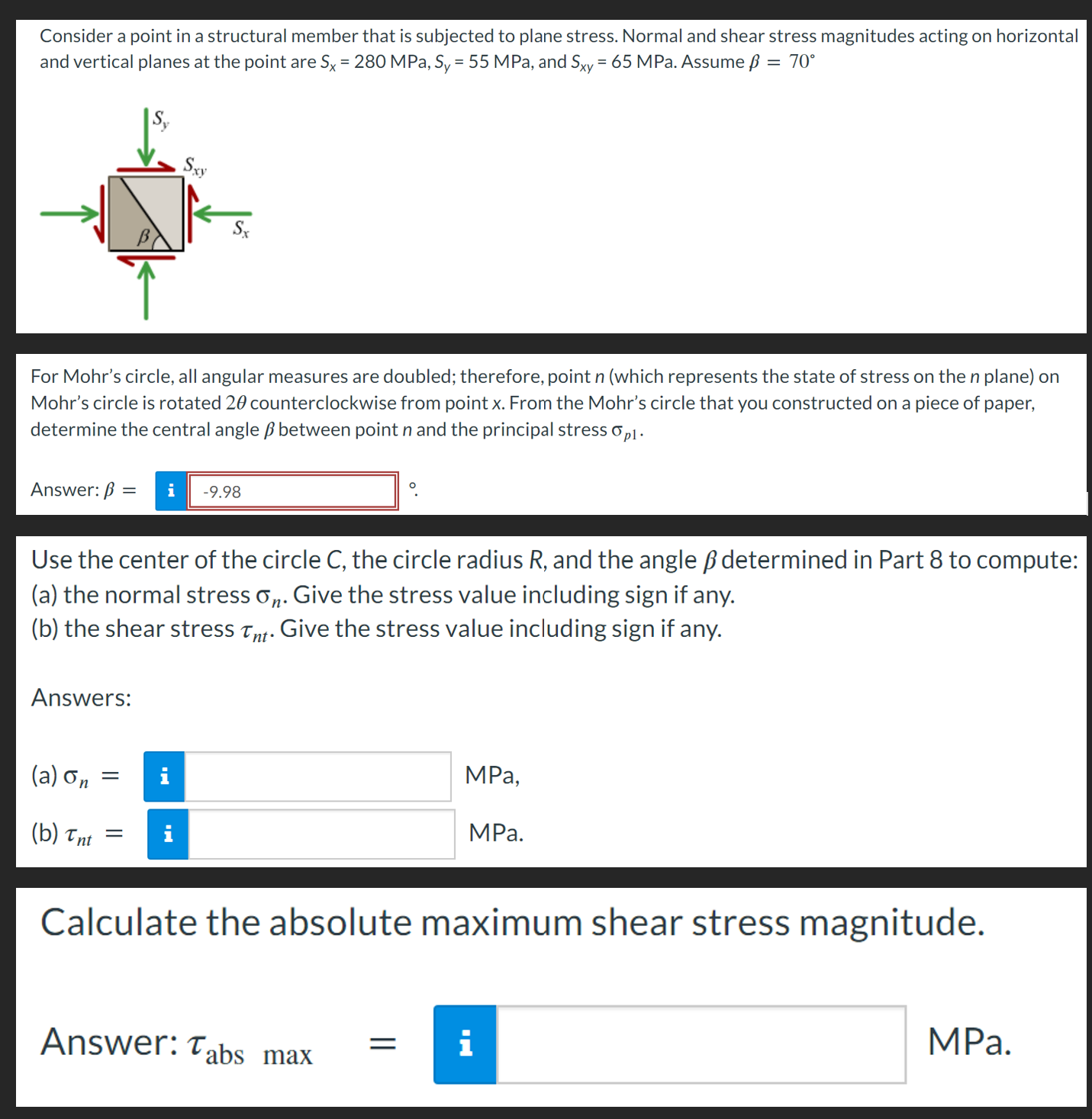 Solved Calculate the absolute maximum shear stress | Chegg.com