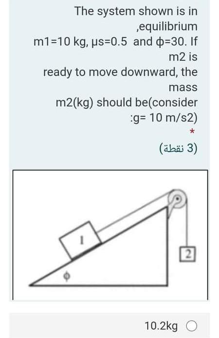 Solved The system shown is in equilibrium m1=10 kg, us=0.5 | Chegg.com