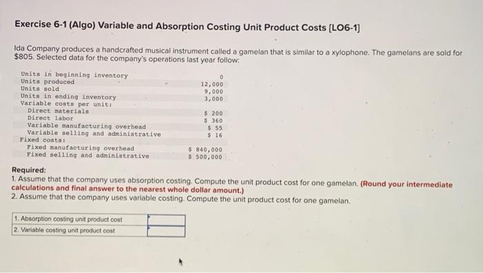 Solved Exercise 6-1 (Algo) Variable and Absorption Costing | Chegg.com