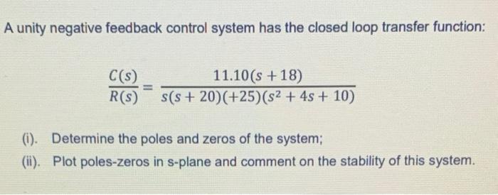 Solved A unity negative feedback control system has the | Chegg.com