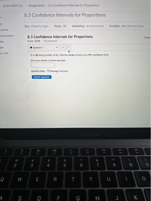 Solved 8.3 Confidence Intervals for Proportions Score: 30/80 | Chegg.com