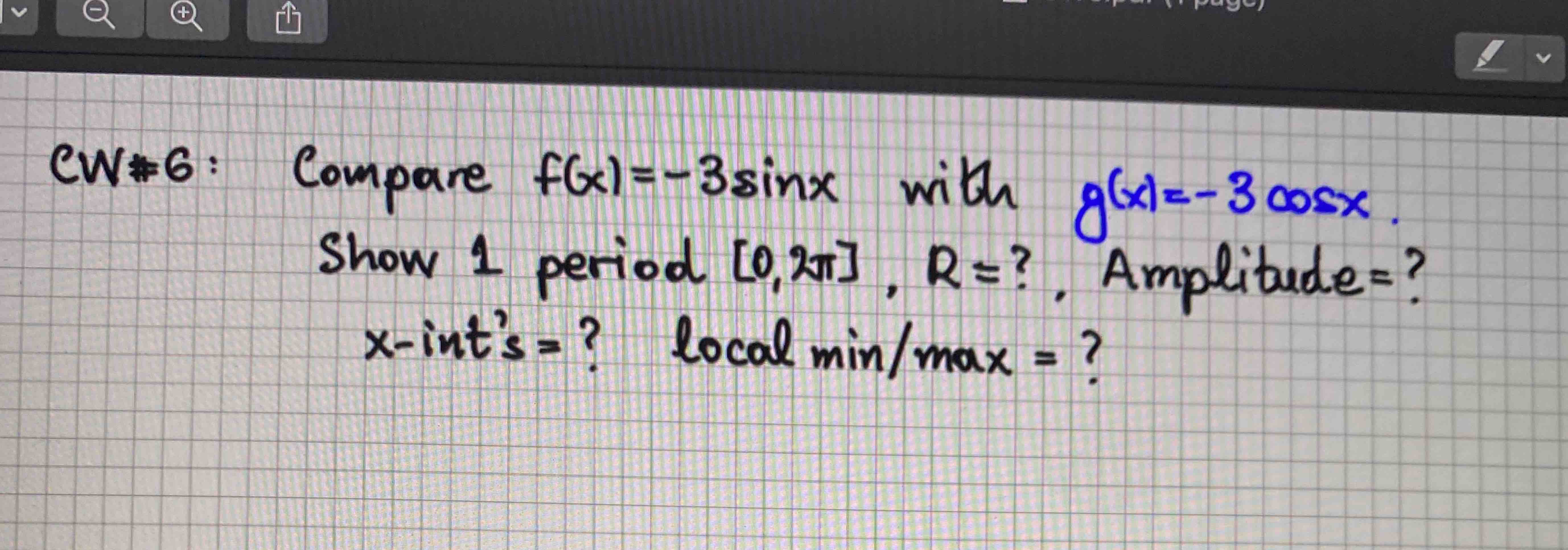 Solved CW:6: Compare f(x)=-3sinx ﻿with g(x)=-3cosx.Show 1 | Chegg.com