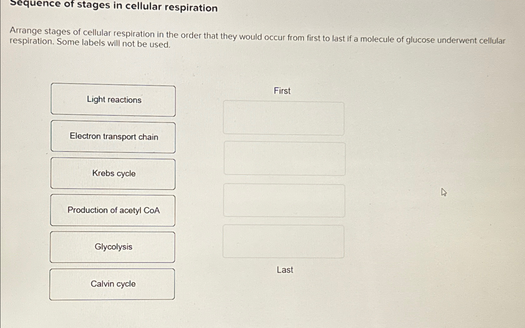 Solved Sequence of stages in cellular respirationArrange | Chegg.com