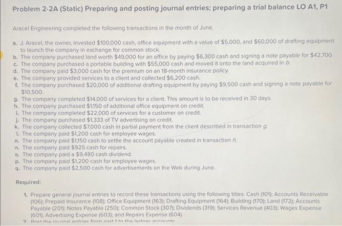 Problem 2-2A (Static) Preparing and posting journal | Chegg.com