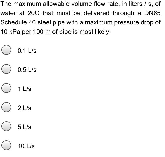 Solved The maximum allowable volume flow rate, in liters / | Chegg.com