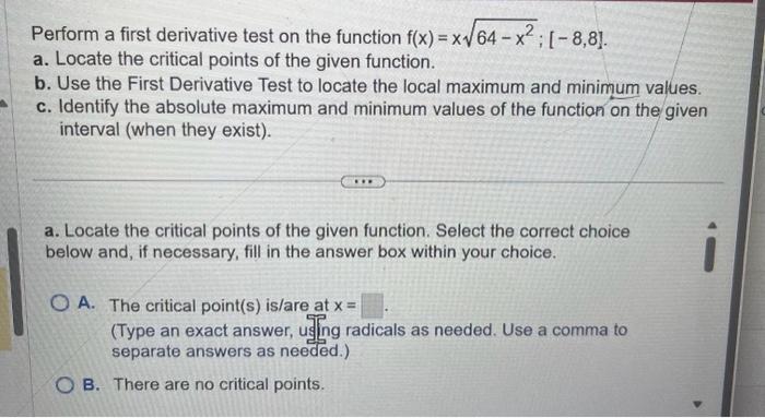 Solved Perform a first derivative test on the function | Chegg.com