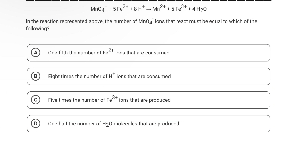 Solved MnO4-+5Fe2++8H+→Mn2++5Fe3++4H2OIn the reaction | Chegg.com