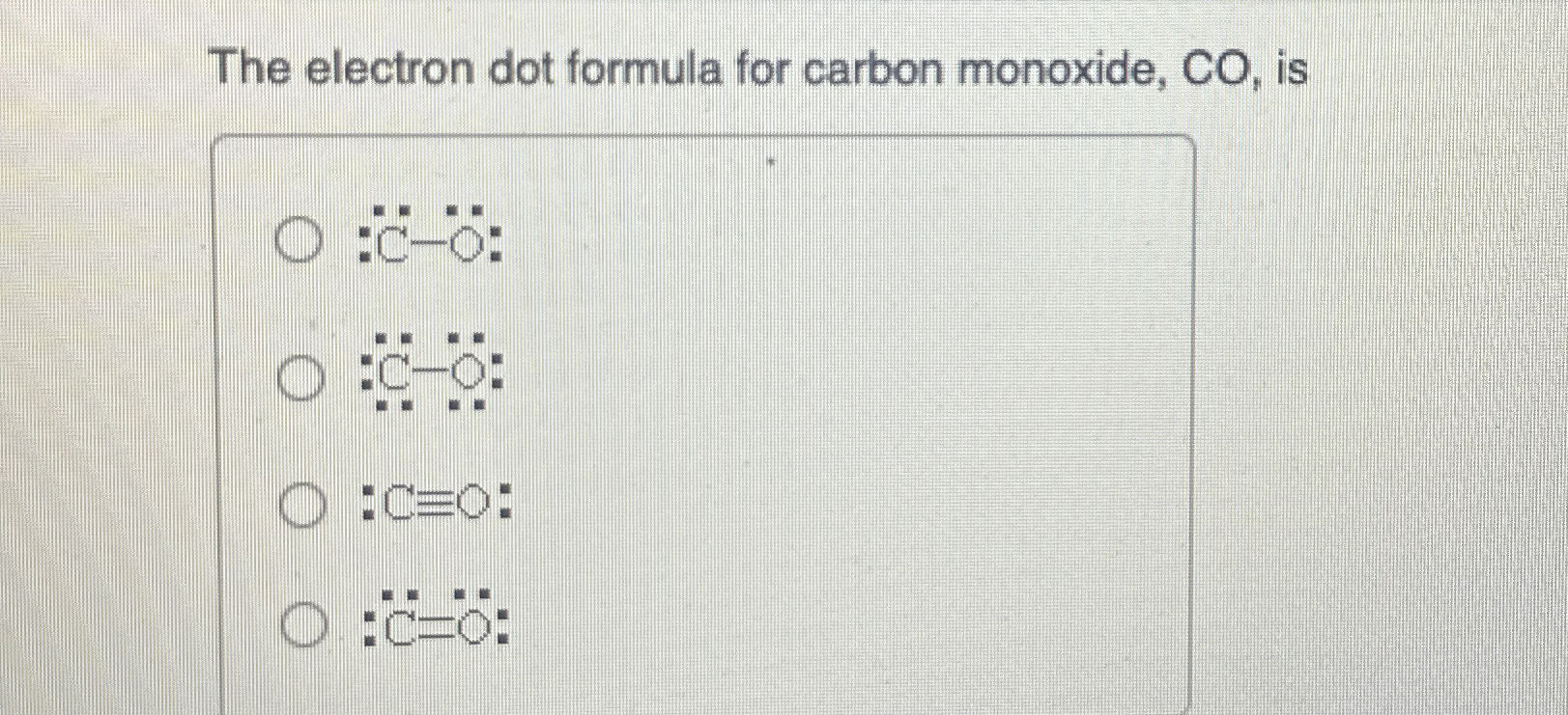 Solved The electron dot formula for carbon monoxide, CO , | Chegg.com