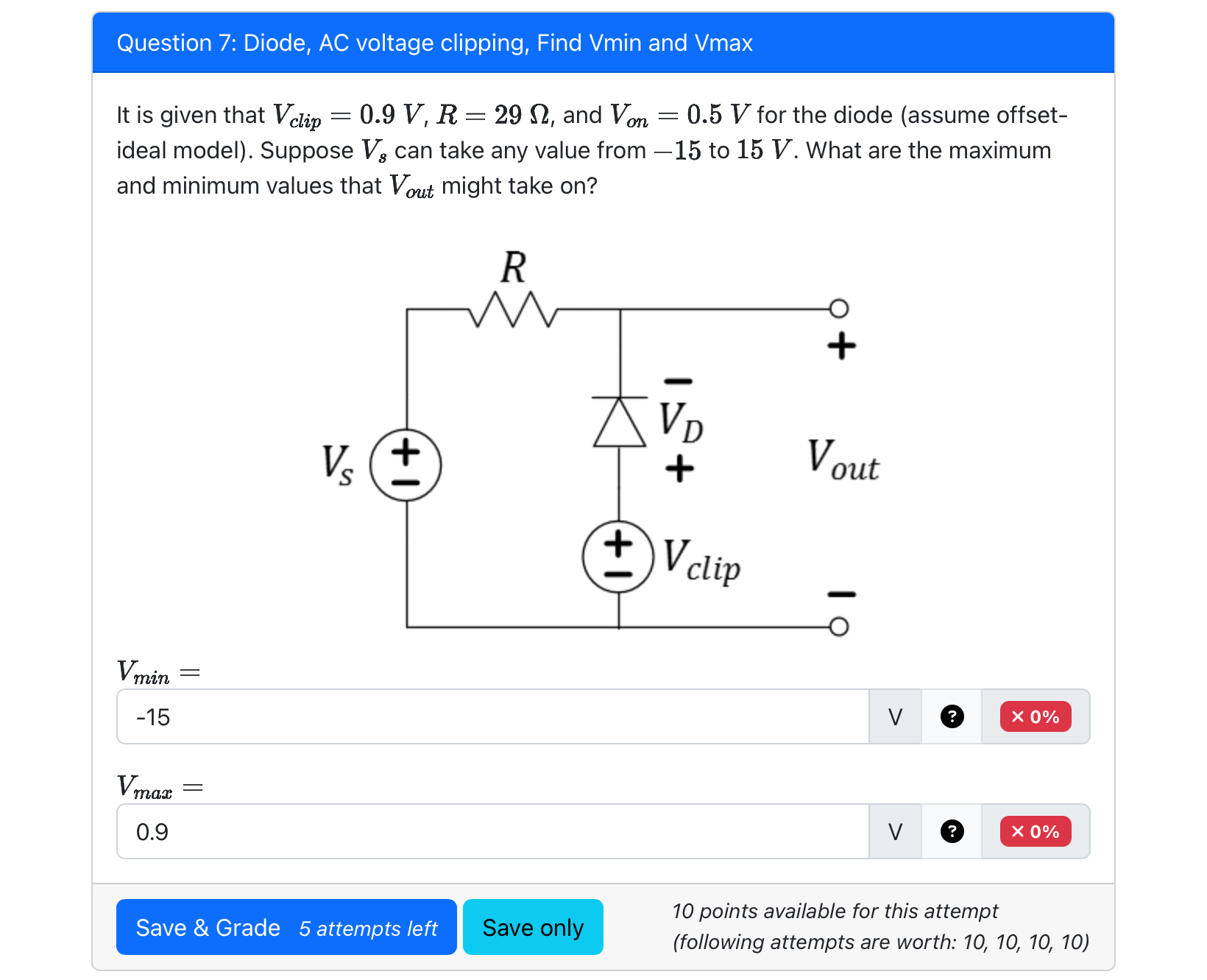 Solved Question 7: Diode, AC voltage clipping, Find Vmin and | Chegg.com