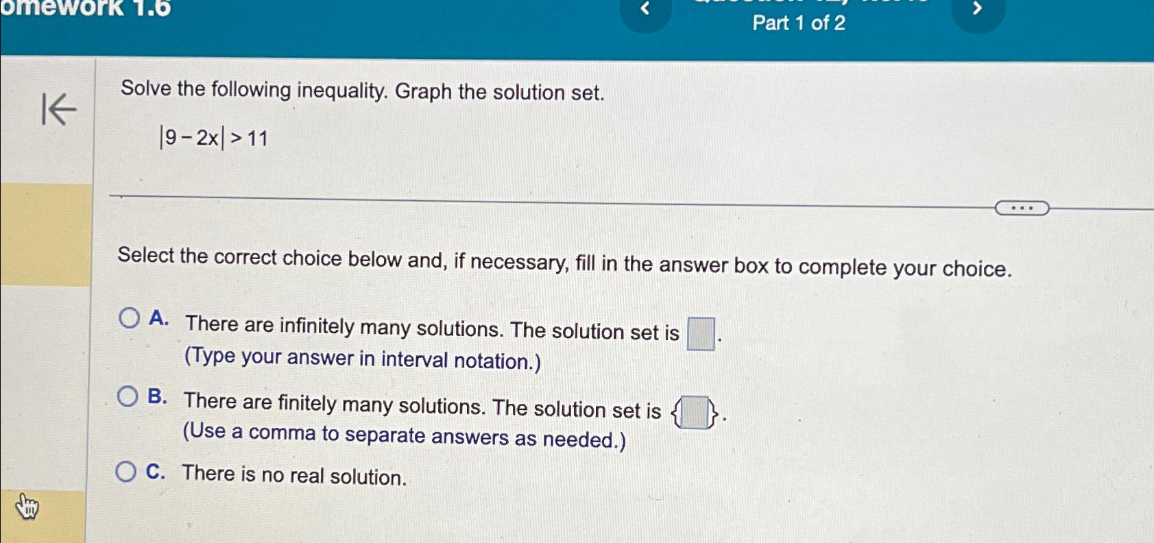 Solved Part 1 ﻿of 2Solve the following inequality. Graph the | Chegg.com