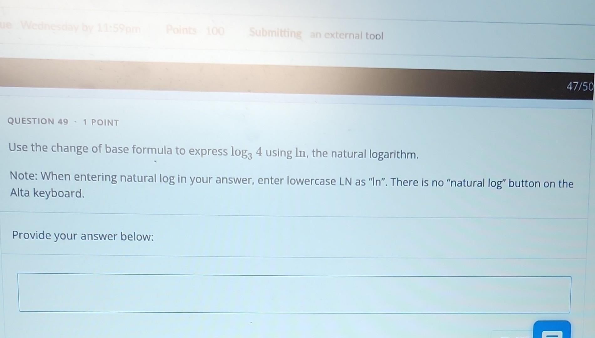 Solved QUESTION 49 - 1 POINT Use the change of base formula | Chegg.com