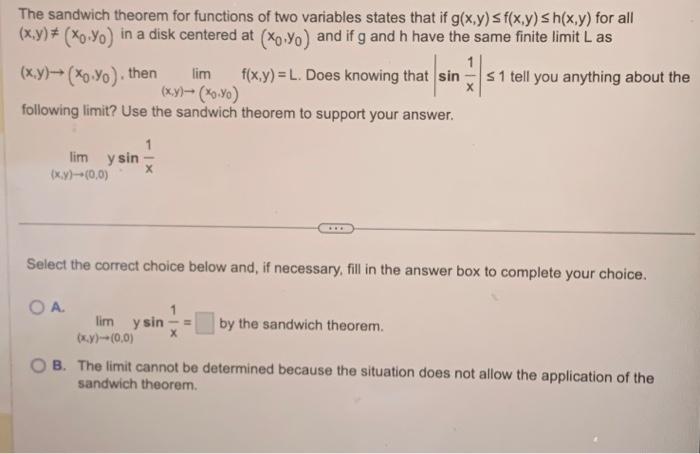 Solved The sandwich theorem for functions of two variables | Chegg.com