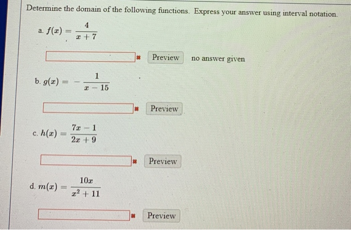 Solved Determine the domain of the following functions. | Chegg.com