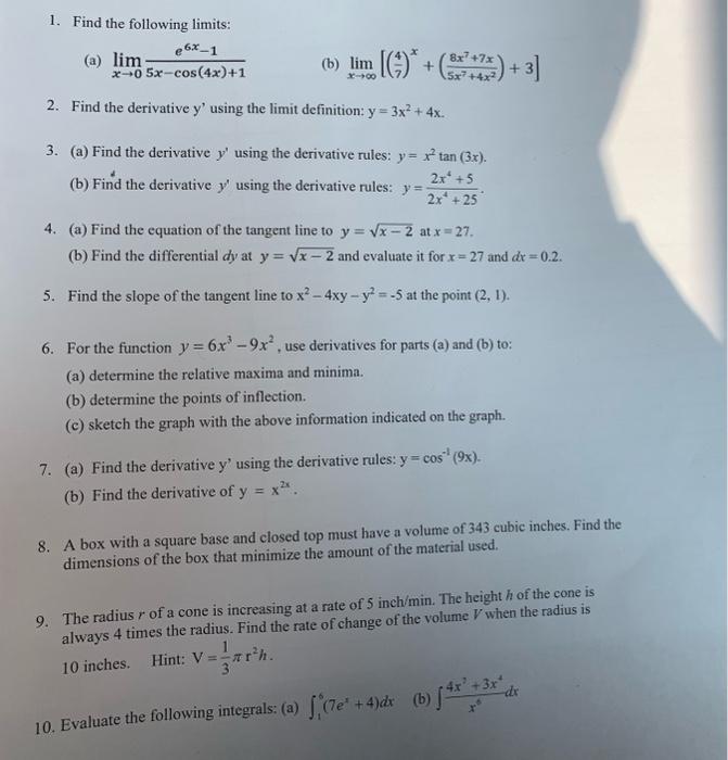 Solved 1. Find the following limits: (a) | Chegg.com