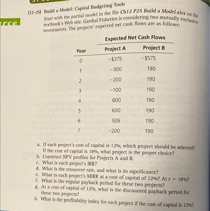 12-25) Build a Model: Capital Budgeting Tools Start | Chegg.com