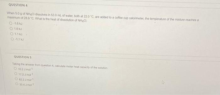 Solved 4. When 5.0 g or NH4Cl dissolves in 53.0 mL of water, | Chegg.com
