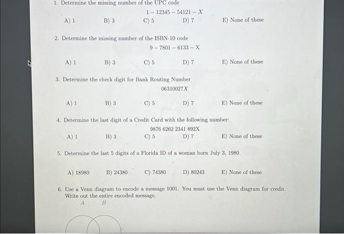 Solved 1. Determine the missing number of the UPC code A) 1 | Chegg.com