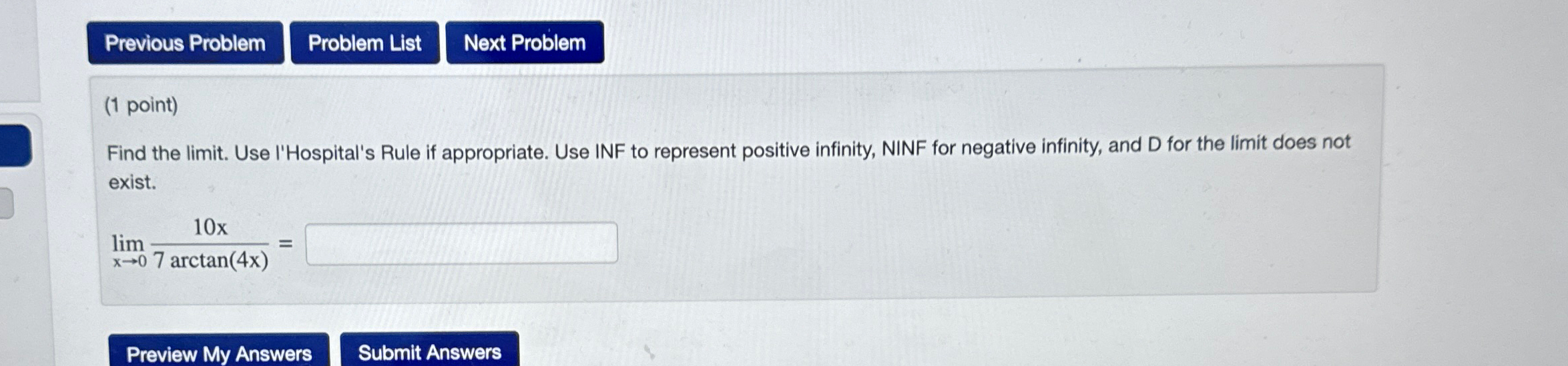 Solved Previous Problem(1 point)Find the limit. Use | Chegg.com Solved Previous Problem(1 point)Find the limit. Use | Chegg.com