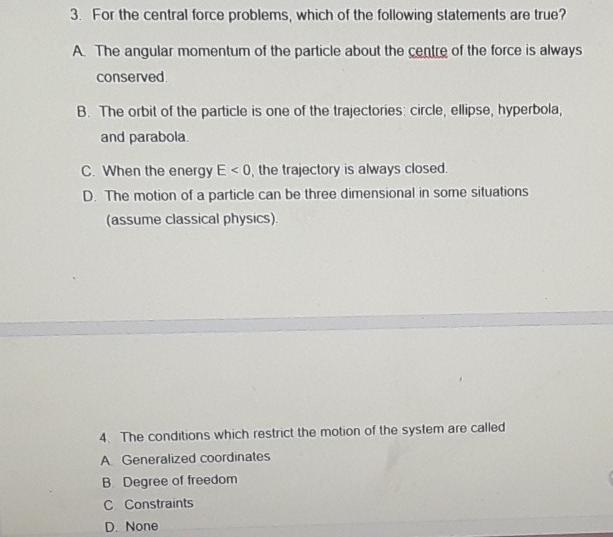 Solved 3. For the central force problems, which of the | Chegg.com