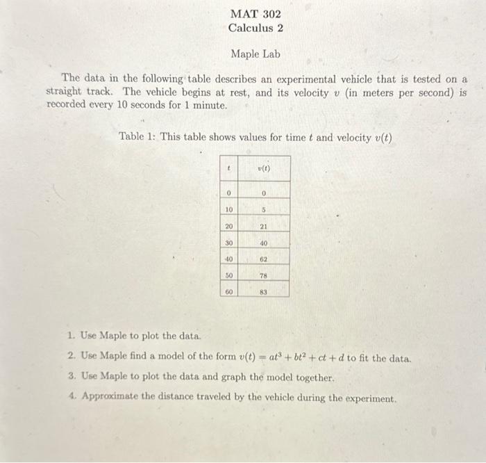 MAT 302 Calculus 2 Maple Lab The data in the | Chegg.com