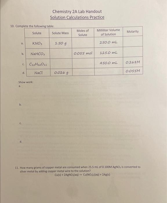 Solved Chemistry 2 A Lab Handout Solution Calculations | Chegg.com