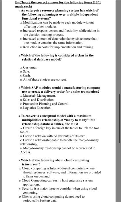 Solved B- Choose the correct answer for the following items | Chegg.com