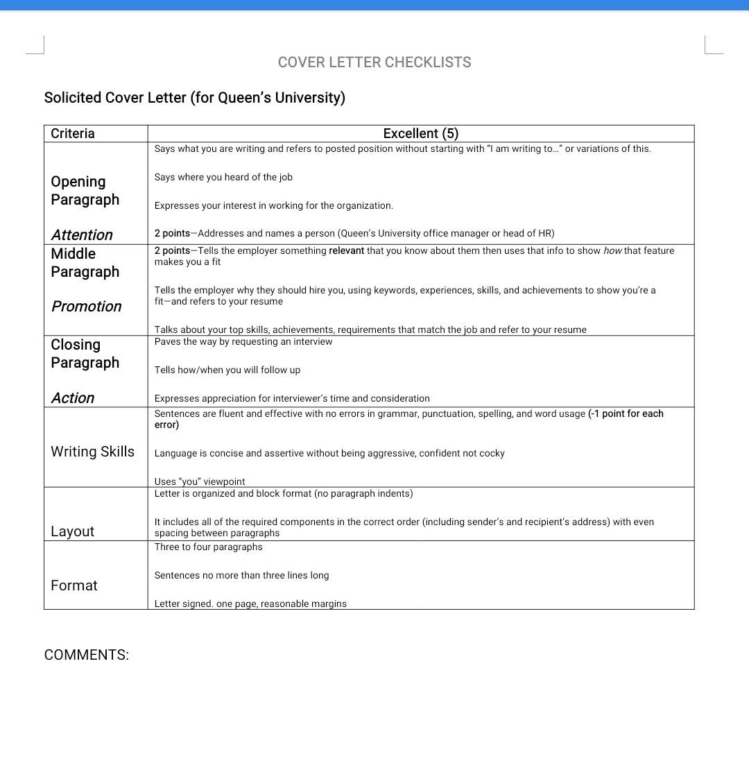 COVER LETTER CHECKLISTS Solicited Cover Letter (for | Chegg.com