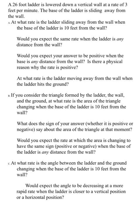 Solved A 26 foot ladder is lowered down a vertical wall at a | Chegg.com